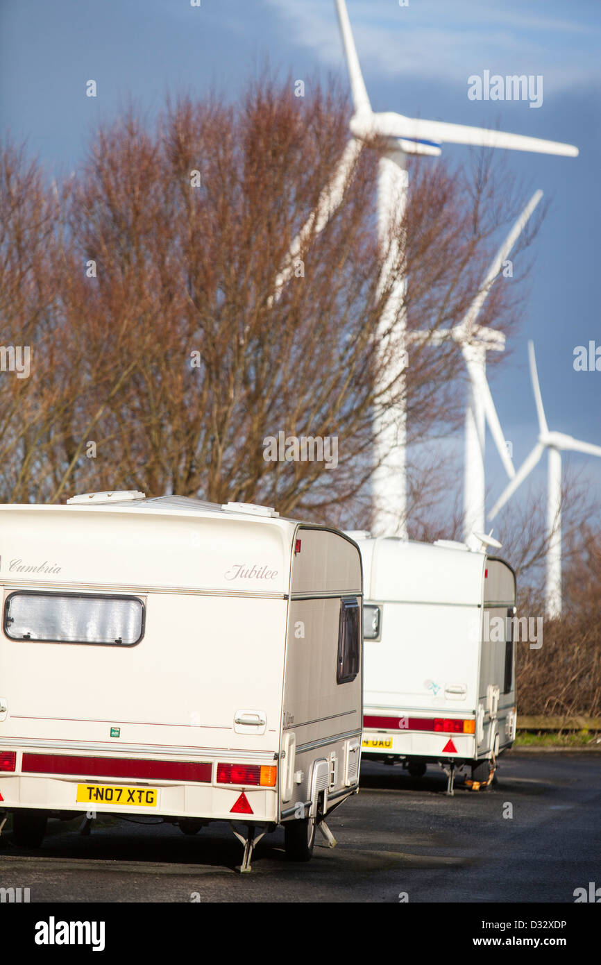 Wind turbines and caravans in Siddick near Workington, Cumbria, UK ...
