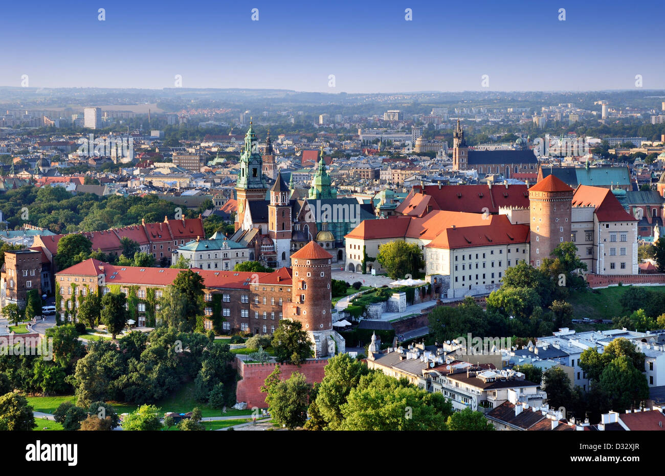 Cracow skyline with aerial view of historic royal Wawel Castle and city ...
