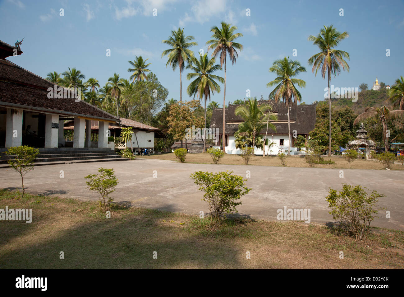 Palm trees and mountain temple golden spire Luang Prabang Laos Stock ...