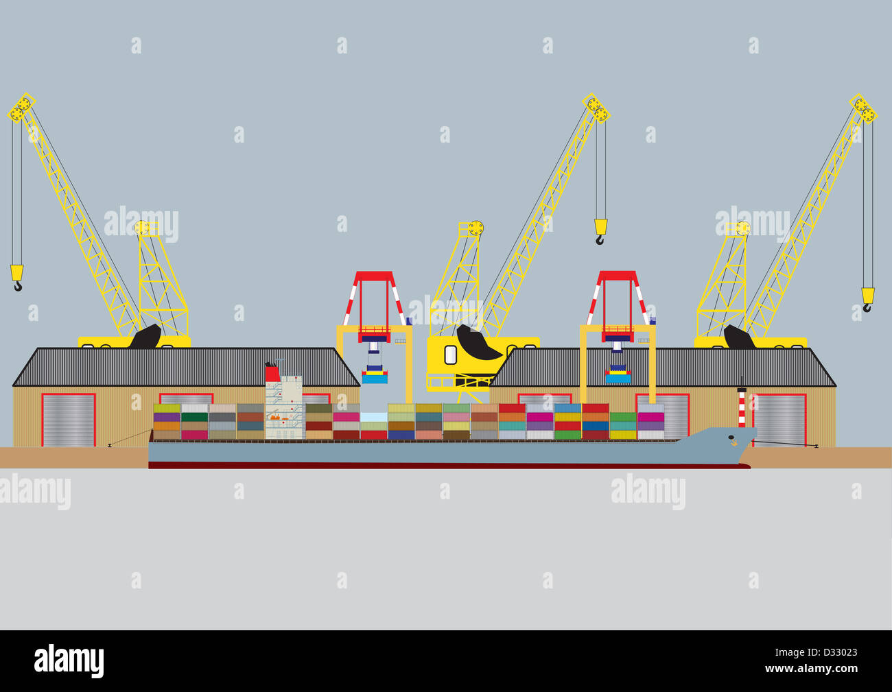 A Container Ship unloading in Harbour with Warehouses and Dock Cranes ...