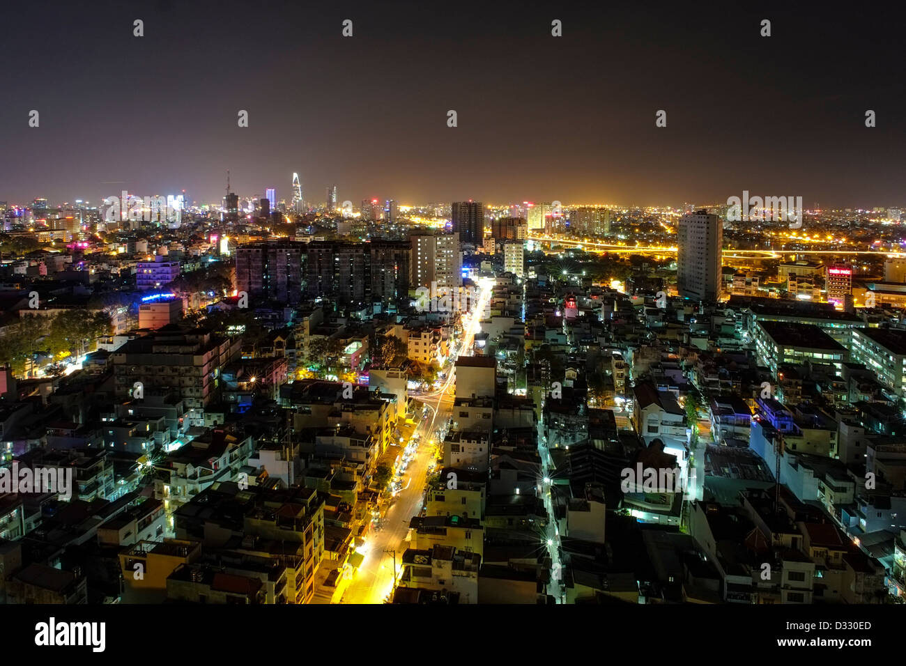 A view to the Ho Chi Minh City centre, (Saigon), Vietnam, at dusk, from ...