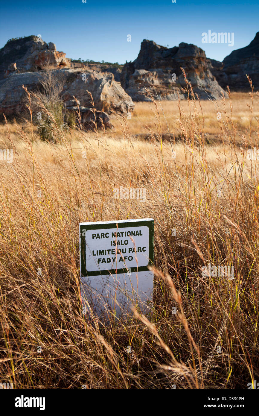Madagascar, Parc National de l’Isalo, park boundary marker stone at ...