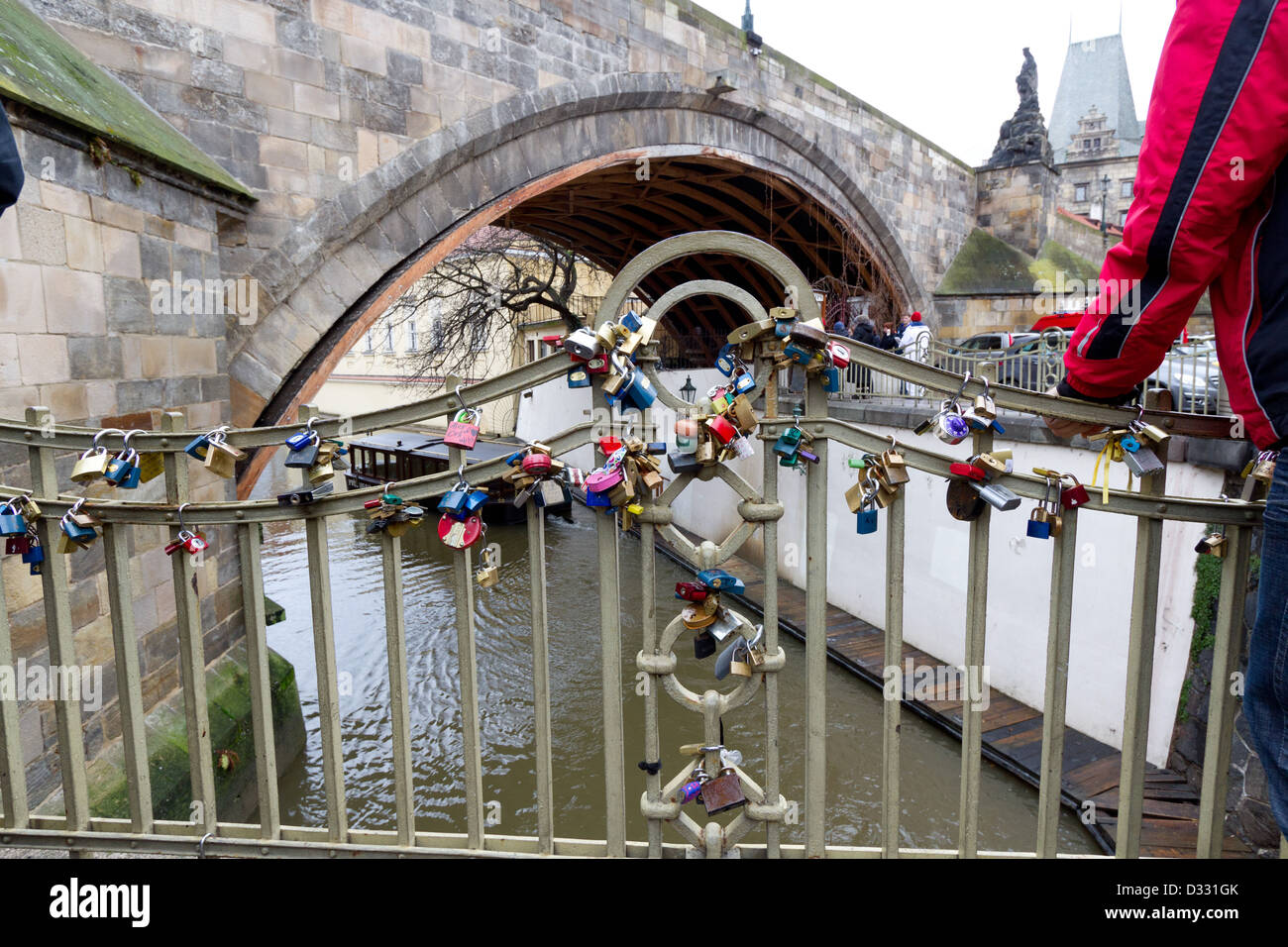 Locks on fence below Charles bridge in Prague. Couples leave locks ...