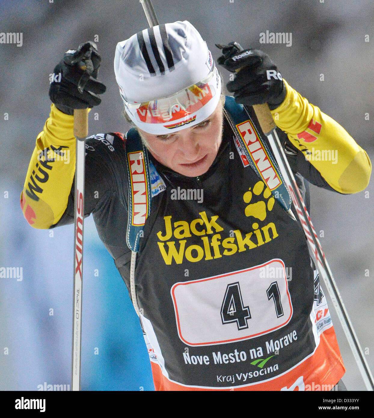 Andrea Henkel of Germany reacts during the mixed relay at the Biathlon ...