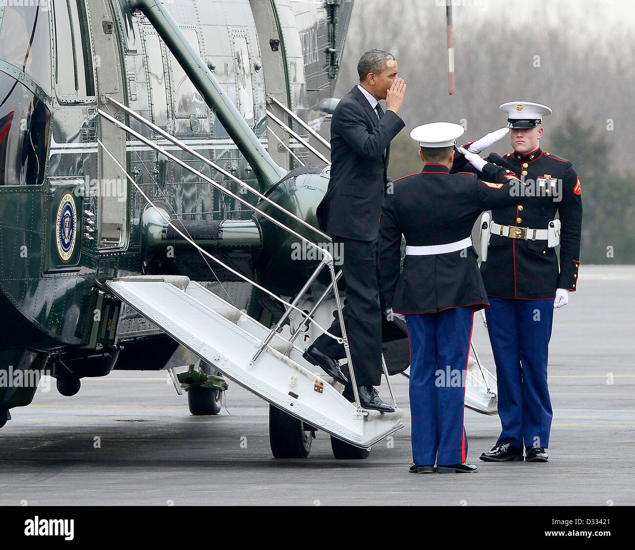 United States President Barack Obama salutes the Marine Guards as he ...