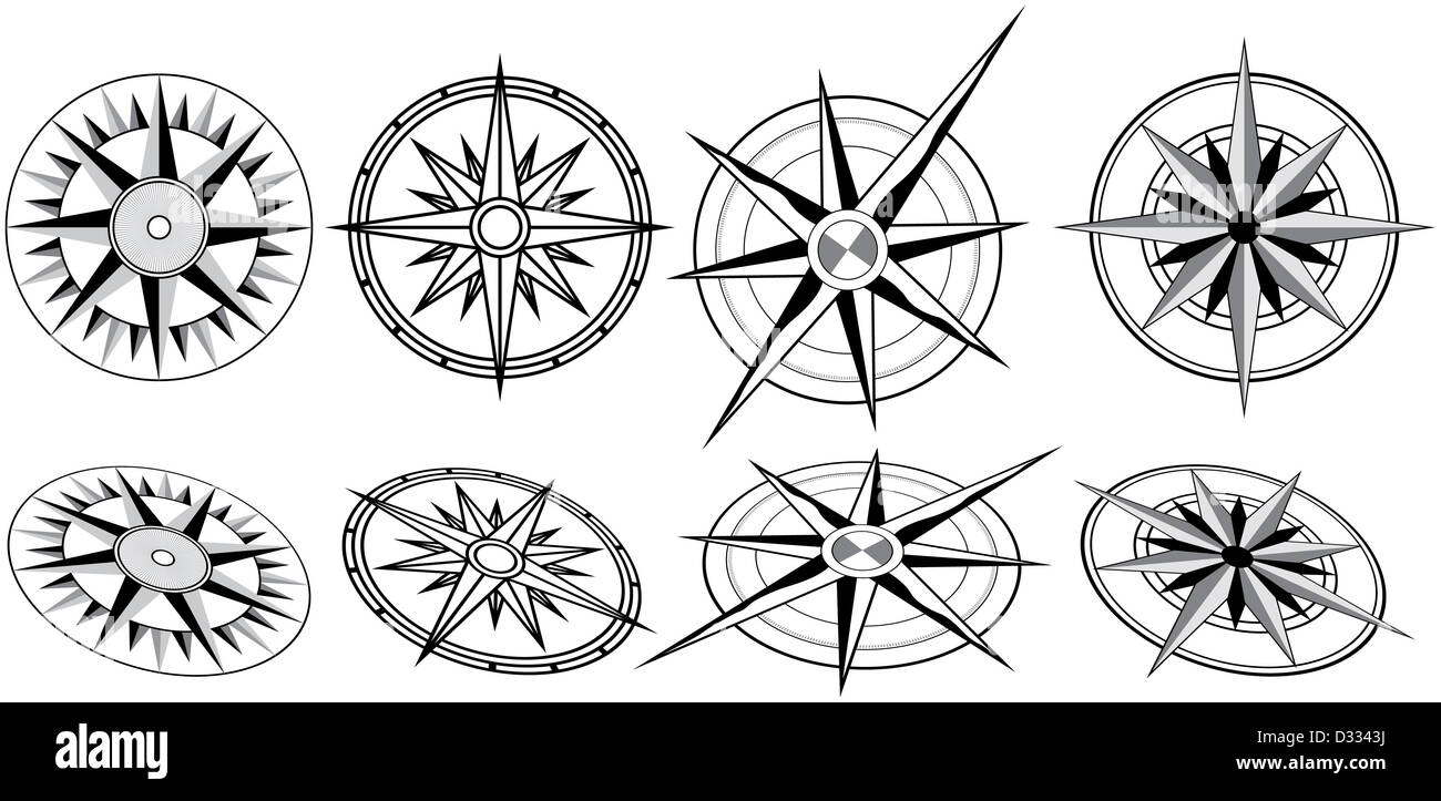 Four different compasses, each with two variations in perspective Stock ...