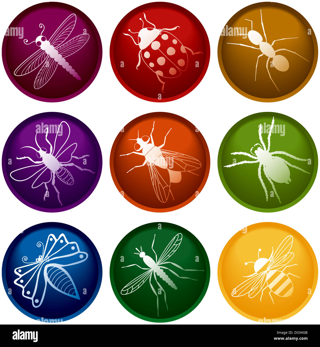 Nine Colorful Bug Buttons Stock Photo - Alamy