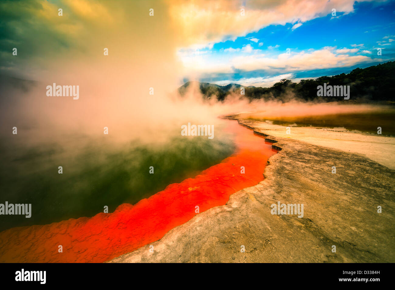 Beautiful colourful Champagne Pool at geothermal area in Wai-O-Tapu ...