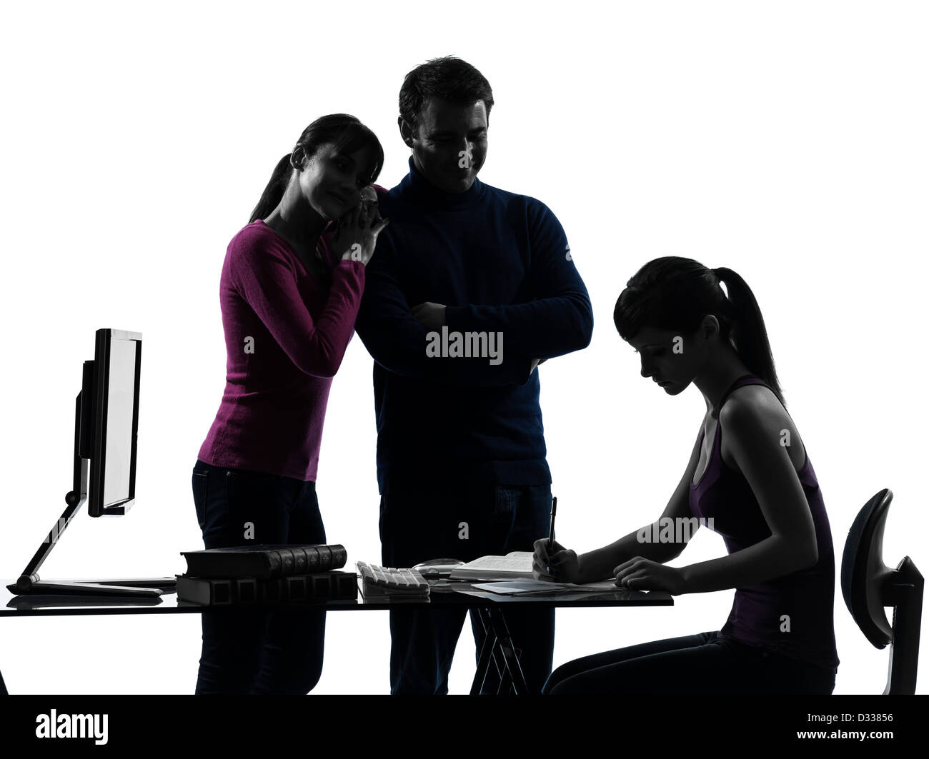 one family father mother proud satisfaction daughter homework in ...