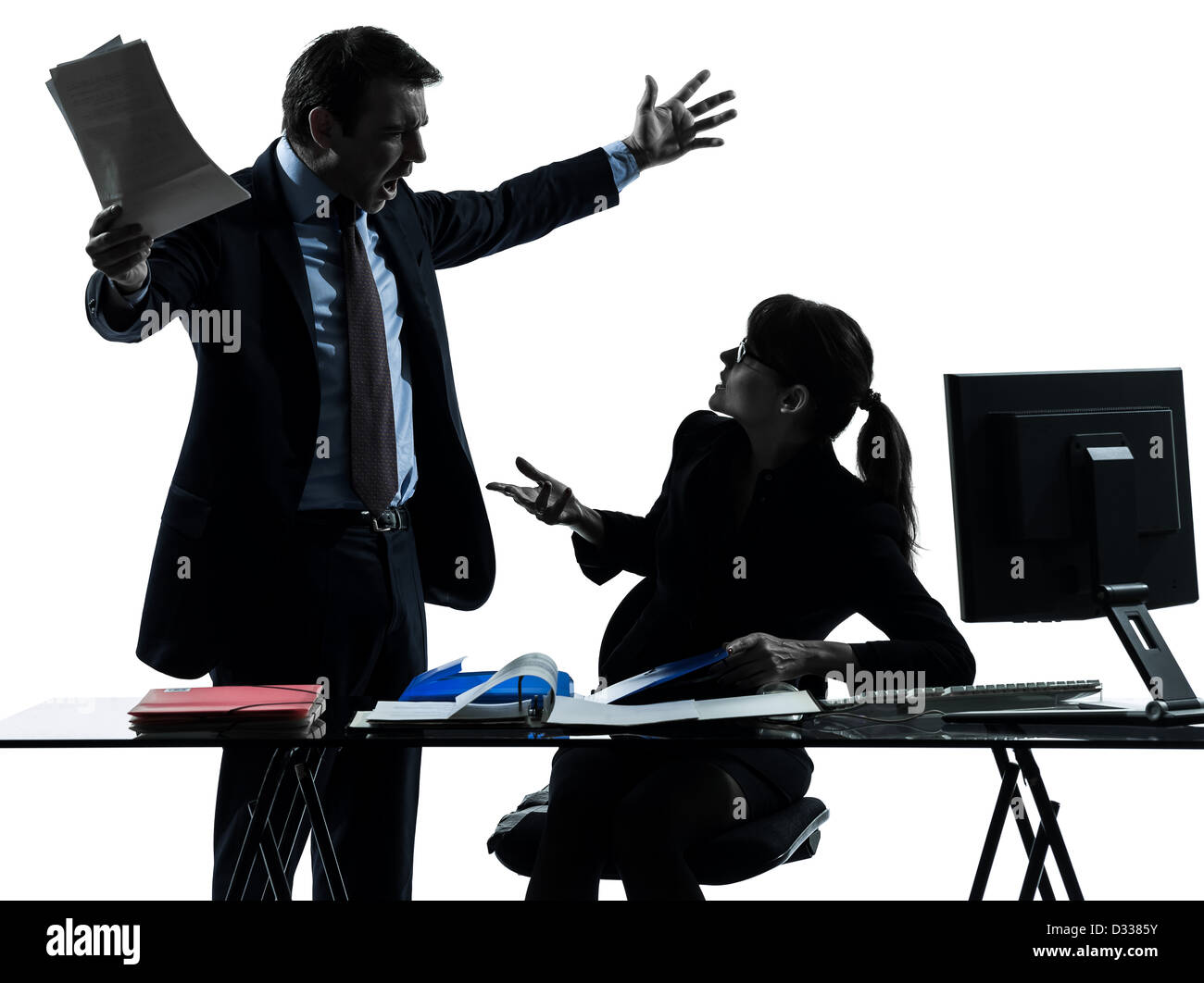 one business woman man couple dispute conflict in silhouette studio ...