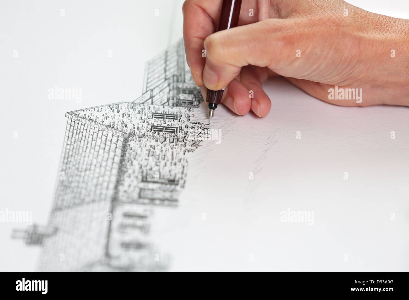 Artist drawing / sketching in studio pen and ink line drawing of old ...