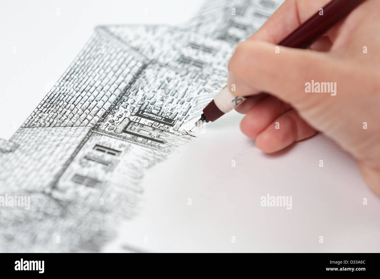 Artist drawing / sketching in studio pen and ink line drawing of old ...