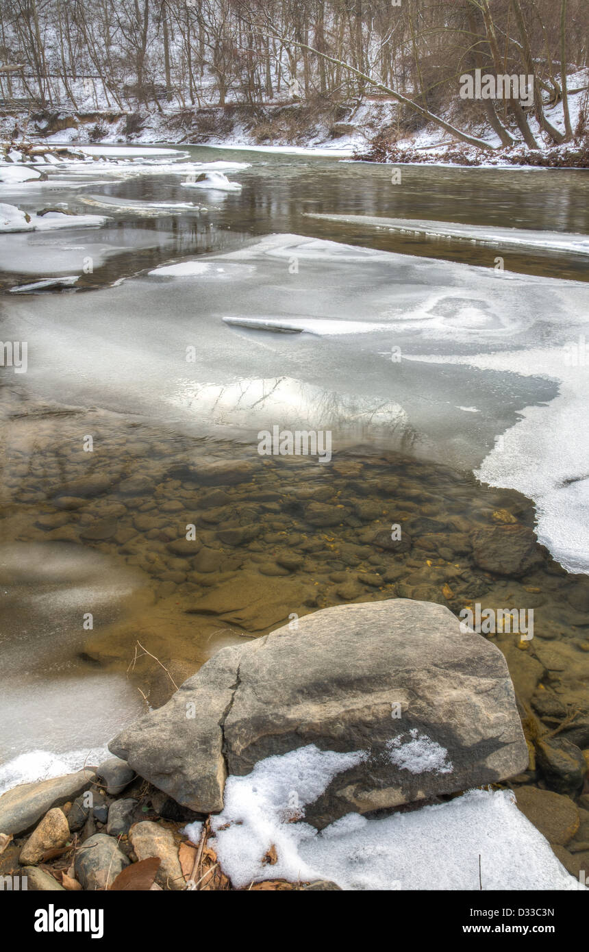 The Patapsco River partly frozen in Patapsco State Park, Maryland Stock ...