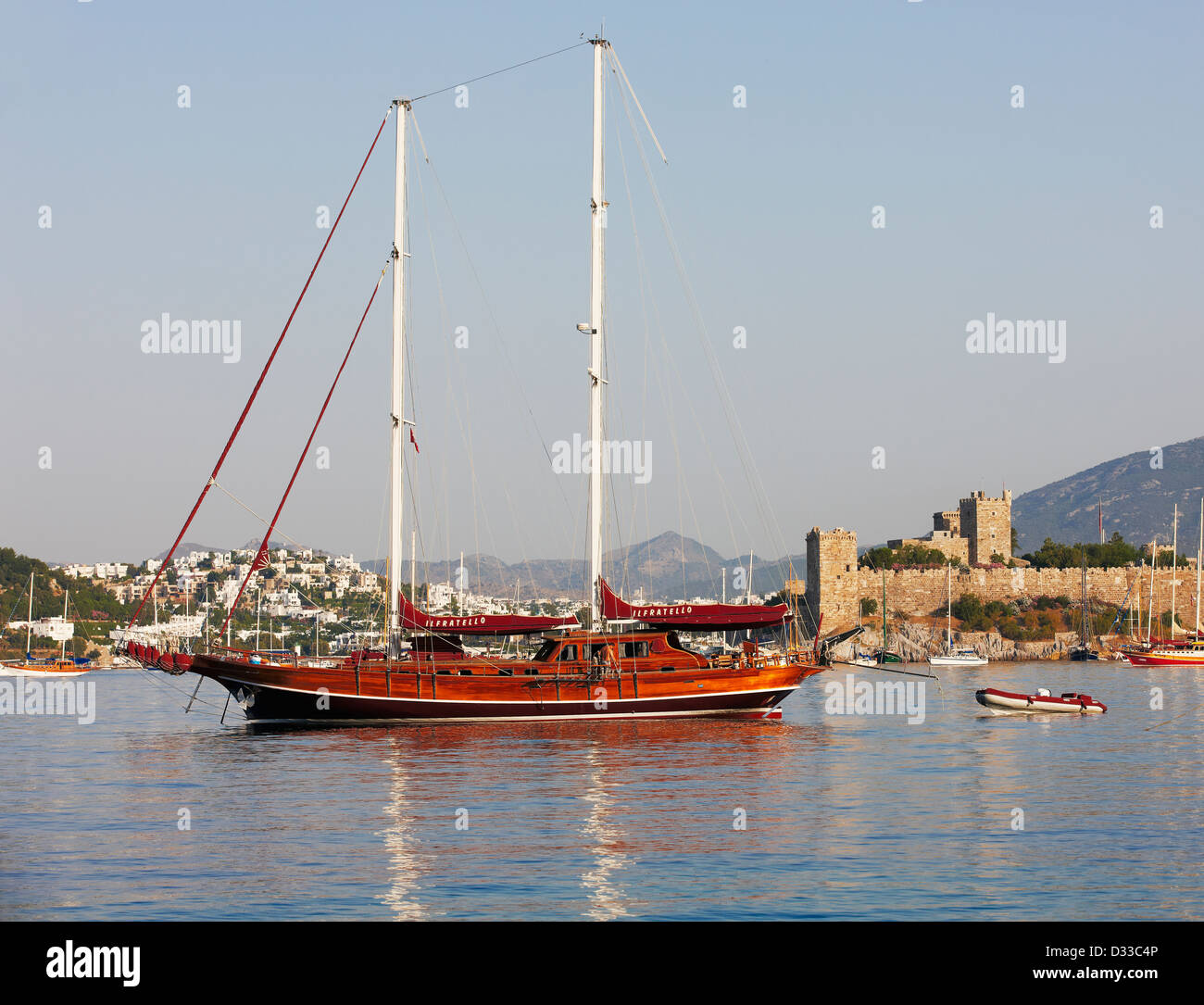 Traditional Turkish gulet moored near the castle. Bodrum, Mugla ...