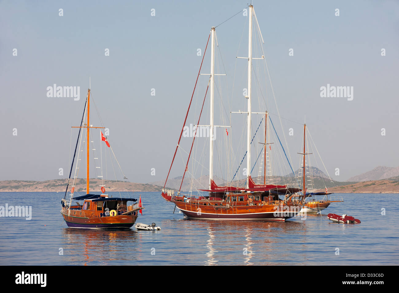 Traditional Turkish gulets at sea near Bodrum city. Bodrum peninsula ...
