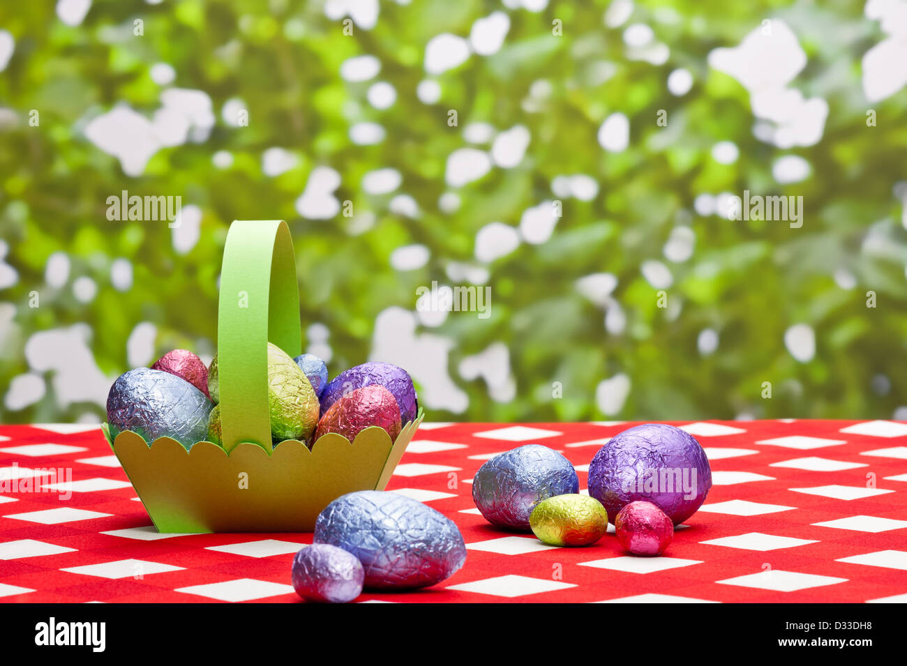 Easter eggs in basket in a spring setting Stock Photo - Alamy