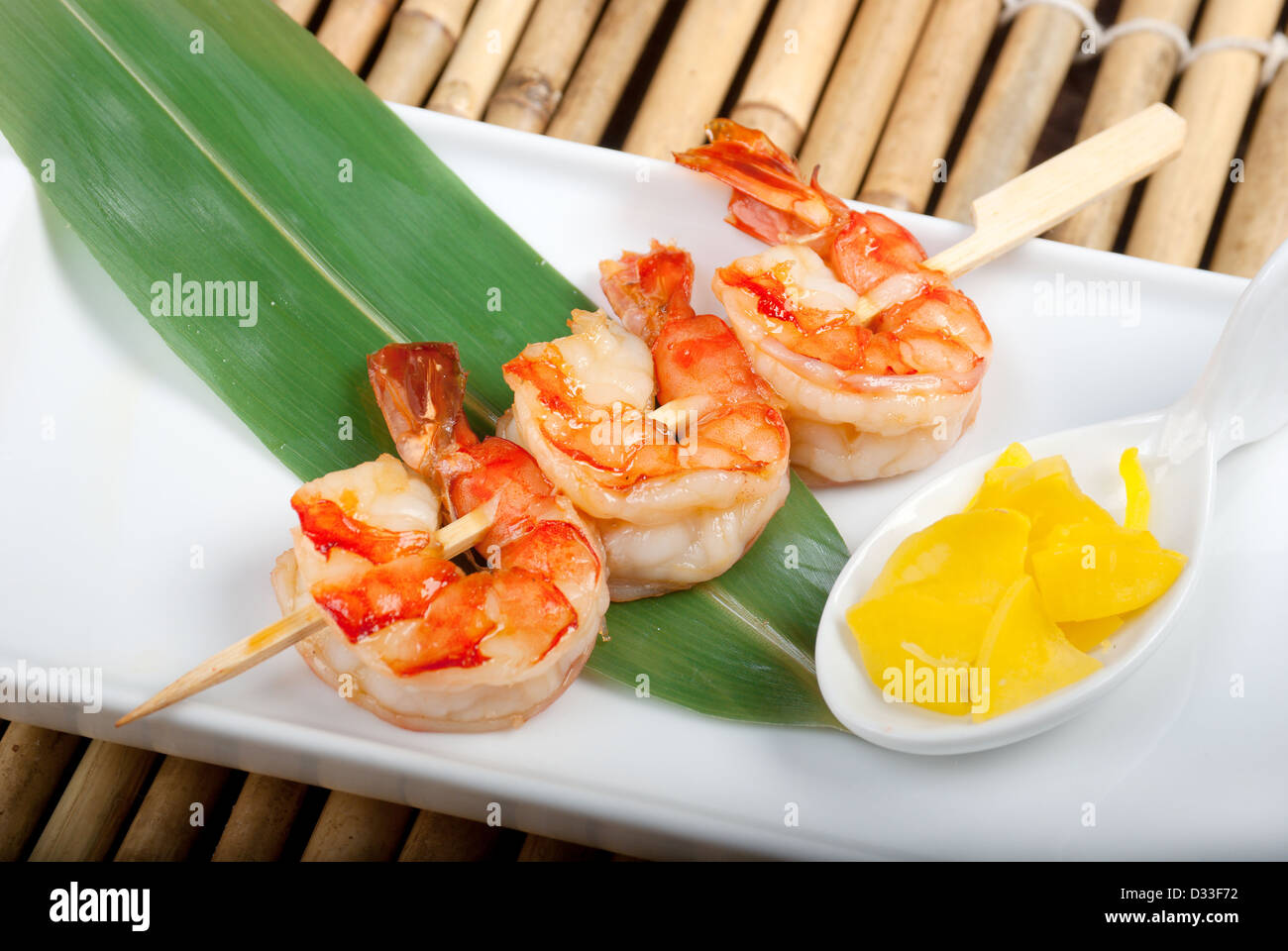 Japanese skewered seafoods royal prawn .closeup Stock Photo - Alamy