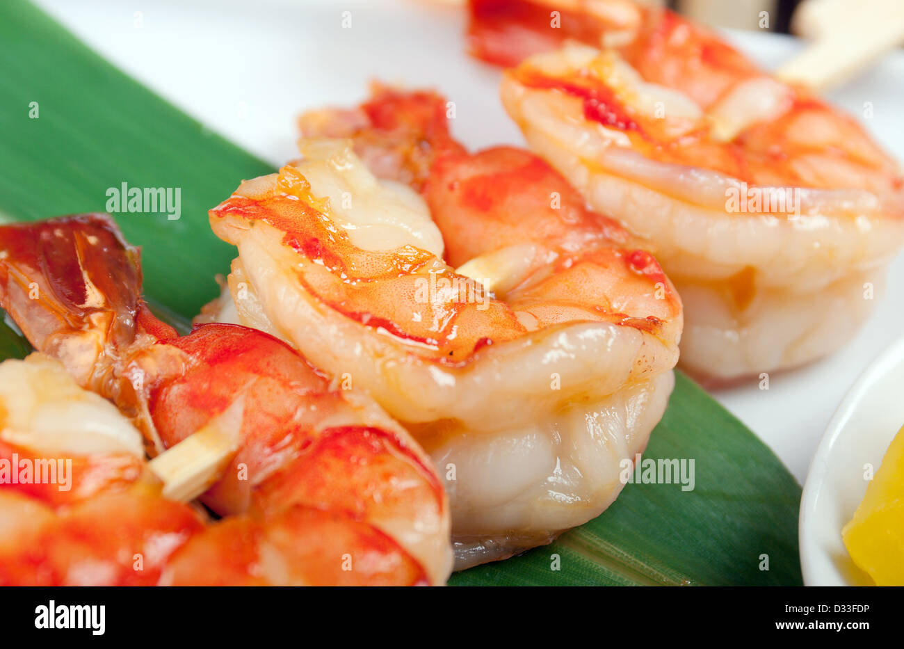 Japanese skewered seafoods royal prawn .closeup Stock Photo - Alamy