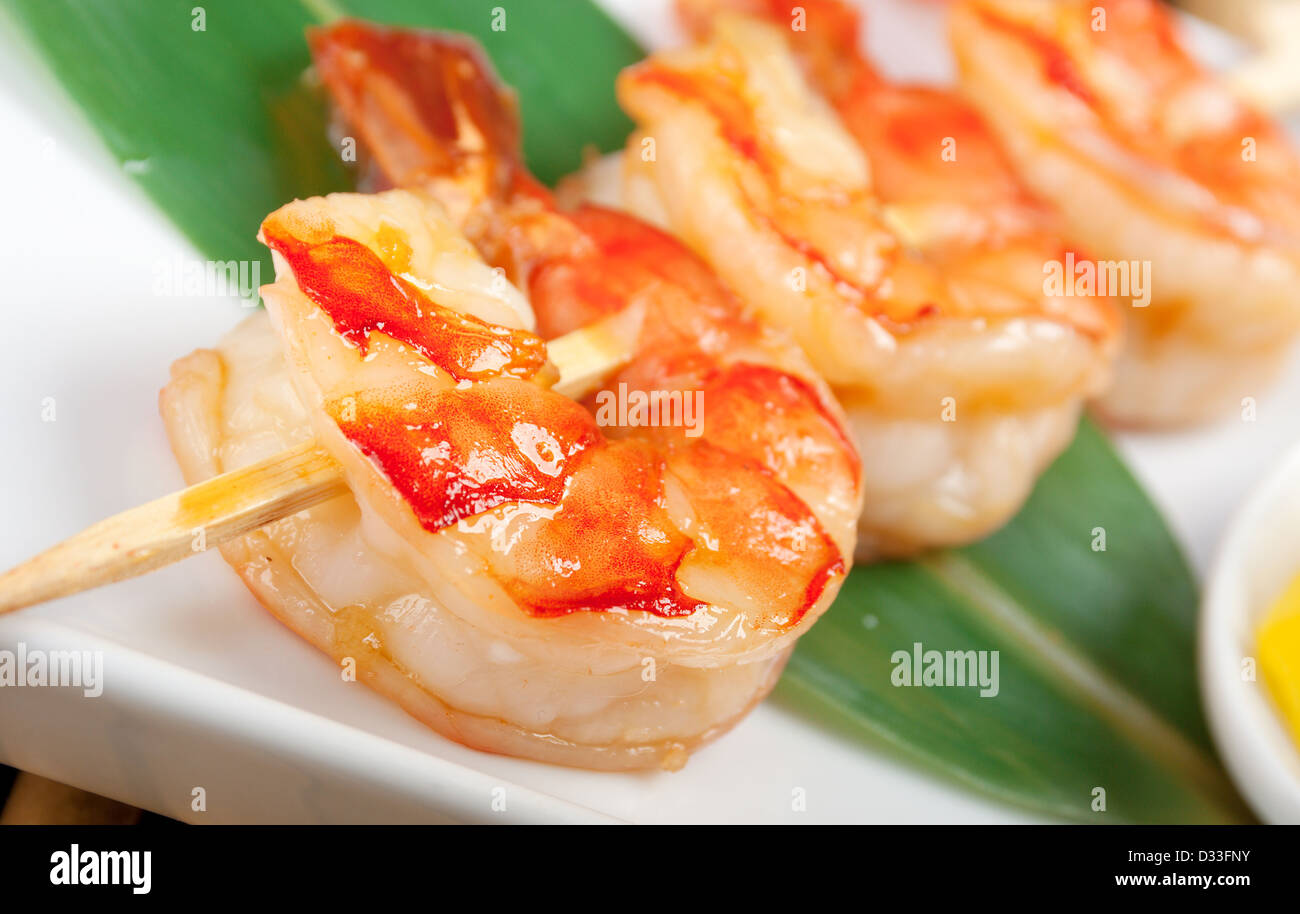 Japanese skewered seafoods royal prawn .closeup Stock Photo - Alamy