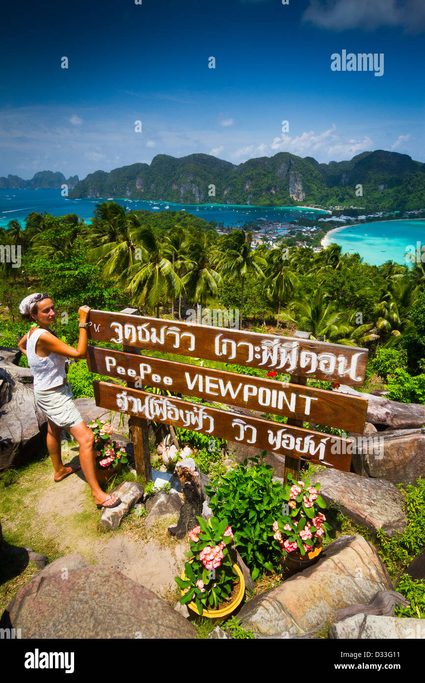 Tourists in a viewpoint. Phi Phi Don island. Krabi province, Andaman Sea, Thailand Stock Photo ...