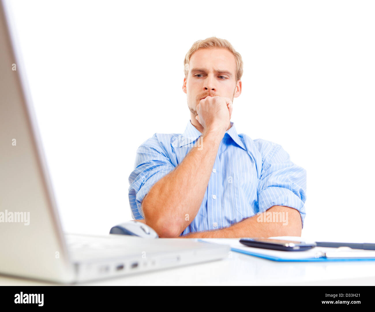 young man at desk in office thinking, contemplating Stock Photo - Alamy