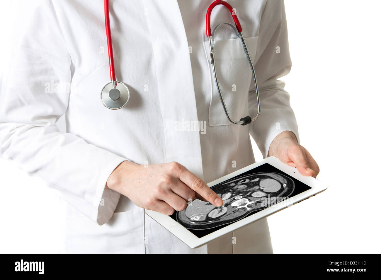 Symbolic image medicine. Doctor is using a tablet computer, Ipad. CT, X ...