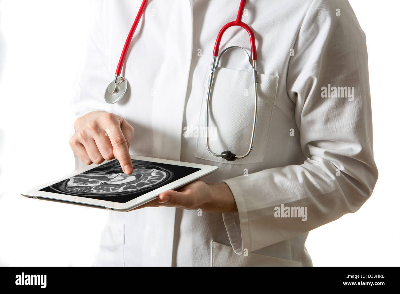 Symbolic image medicine. Doctor is using a tablet computer, Ipad. x-ray ...