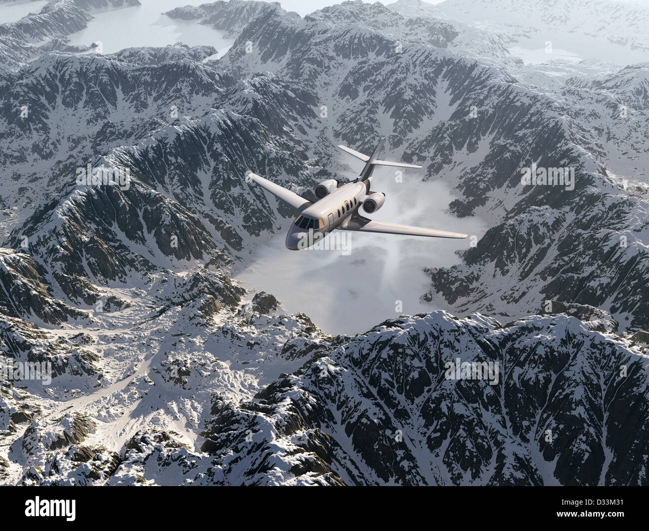 aircraft flies over a snowy mountain range Stock Photo - Alamy