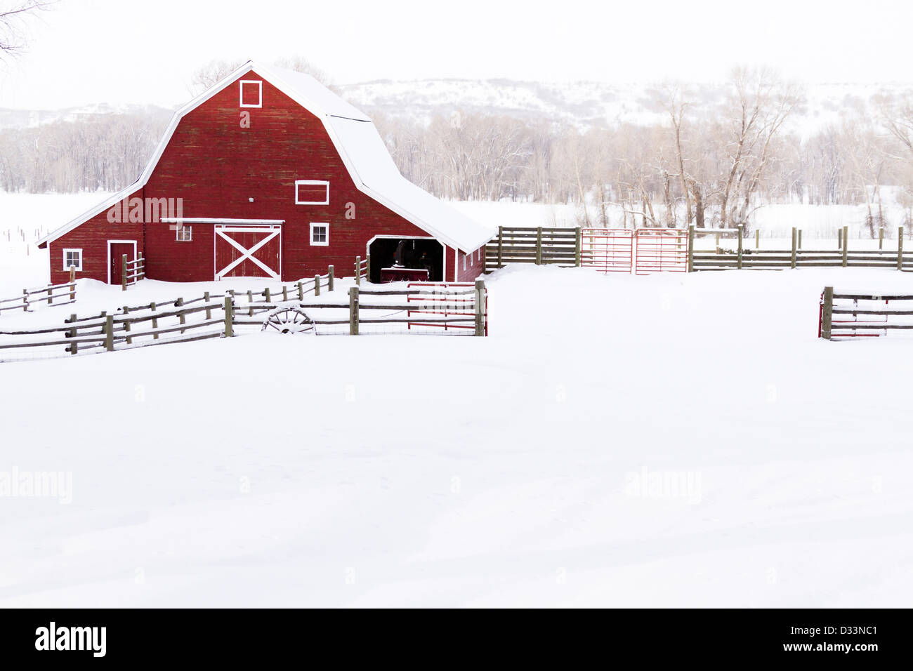 Red barn in snow on lamb farm Stock Photo - Alamy
