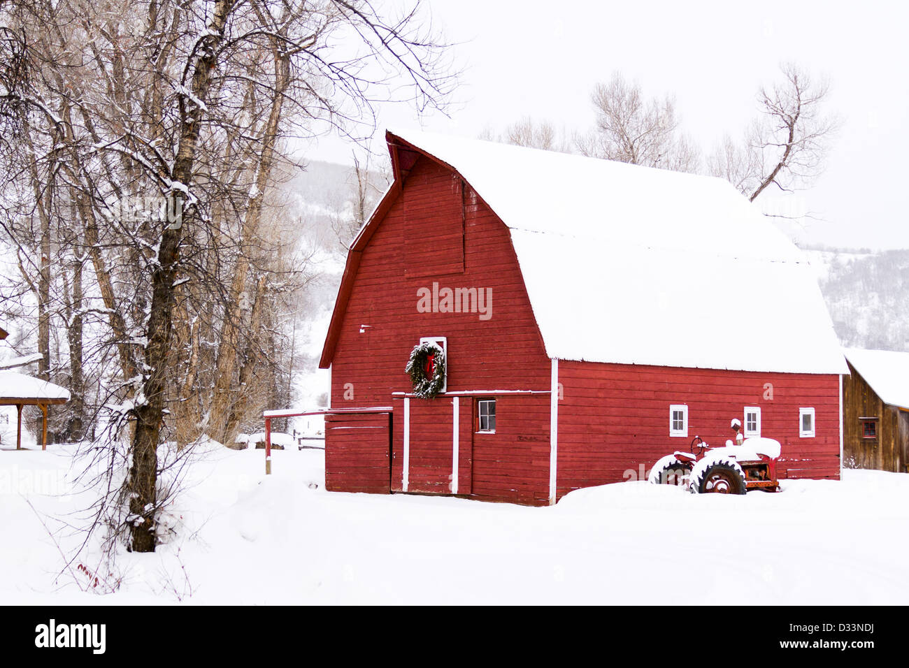 Red barn in snow on the farm in Colorado Stock Photo - Alamy