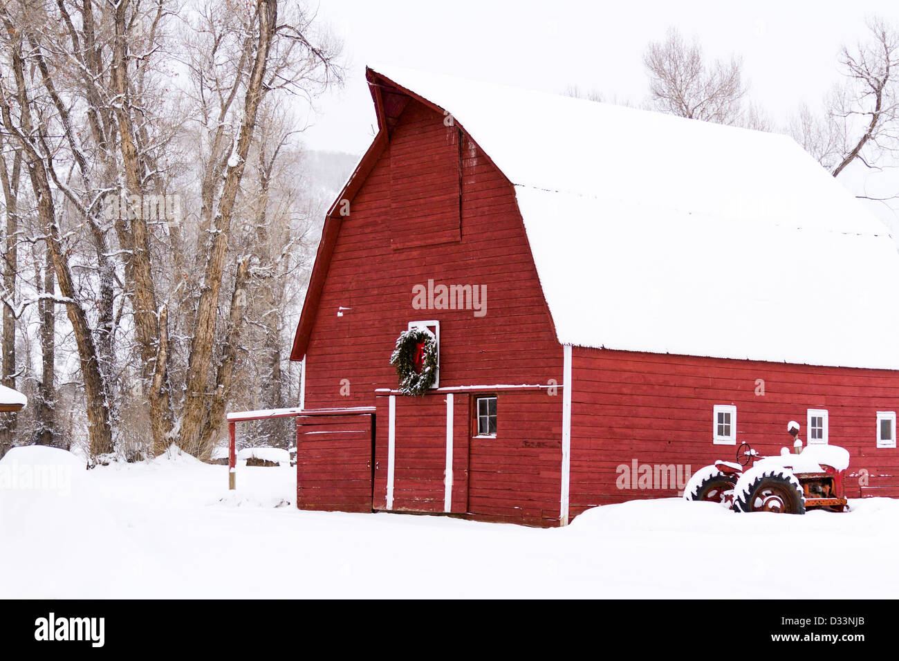 Red barn in snow on the farm in Colorado Stock Photo - Alamy