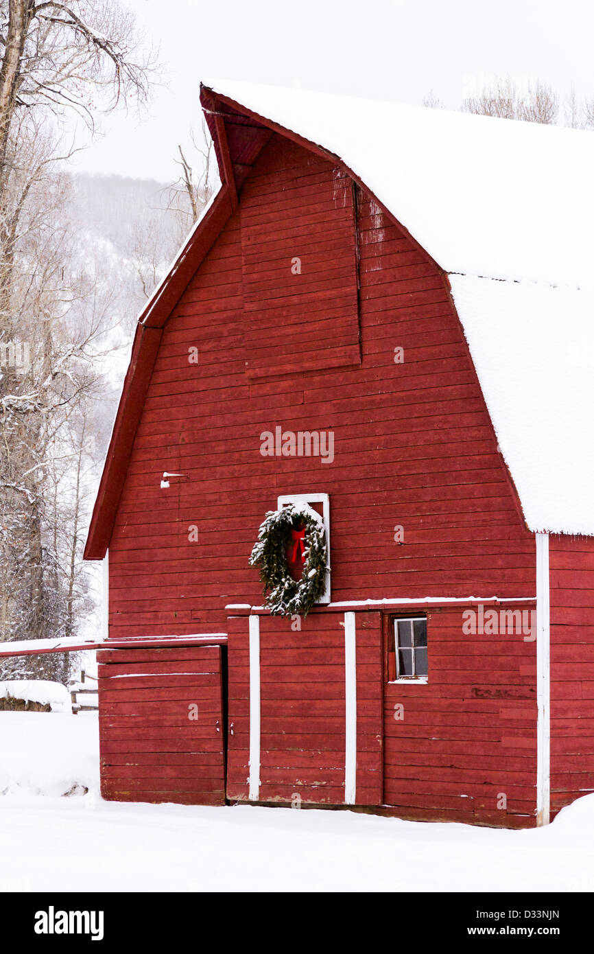 Red barn in snow on the farm in Colorado Stock Photo - Alamy