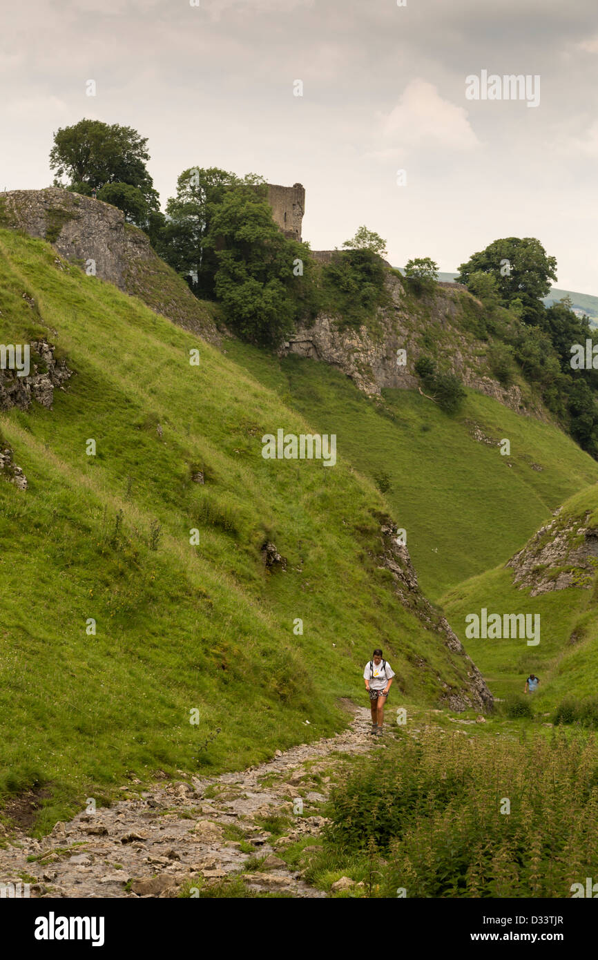 Single person walking in Cave Dale with Peveril castle in the ...