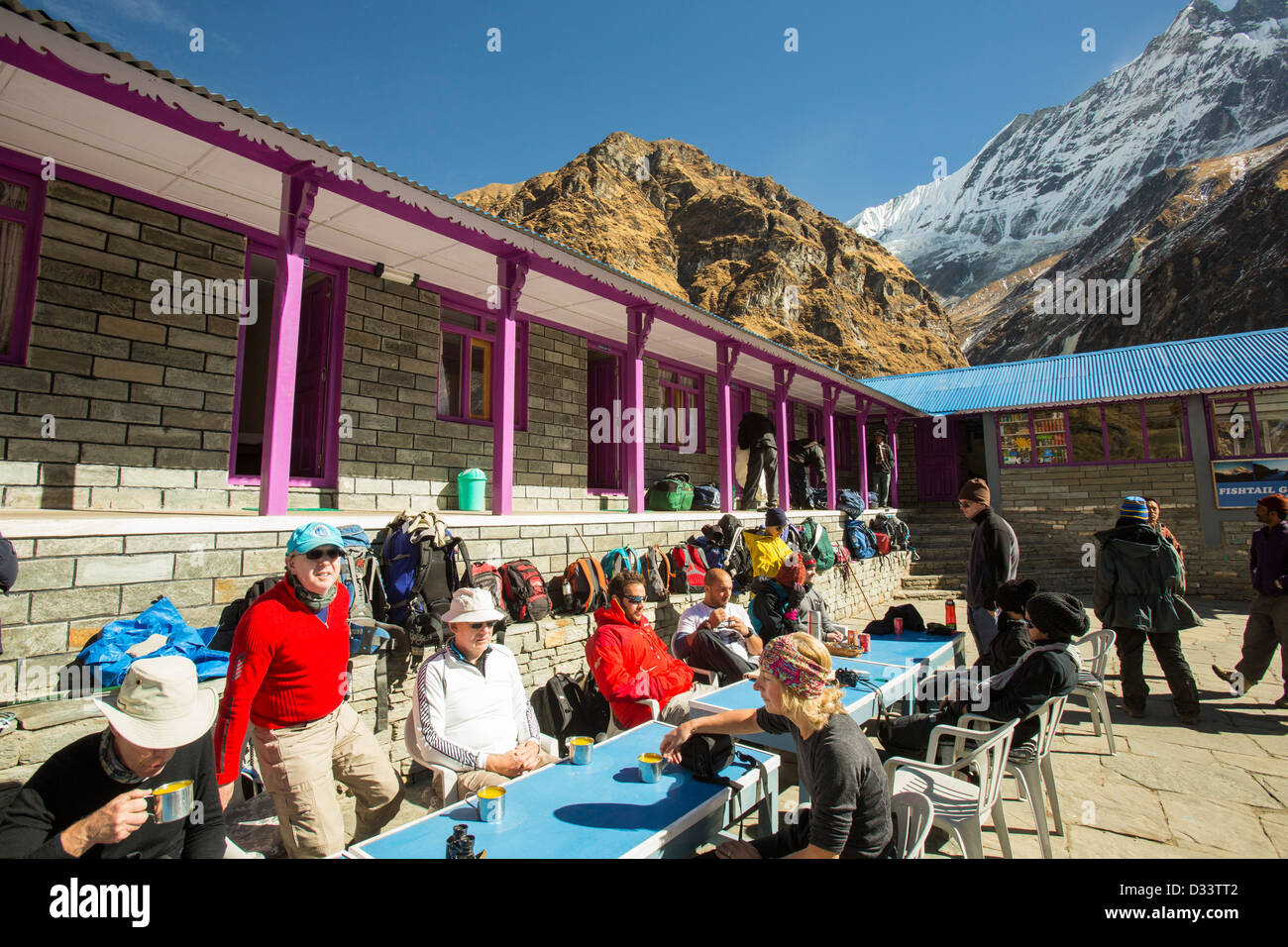 A tea house lodge on the Annapurna Base Camp trek at Machapuchare Base ...
