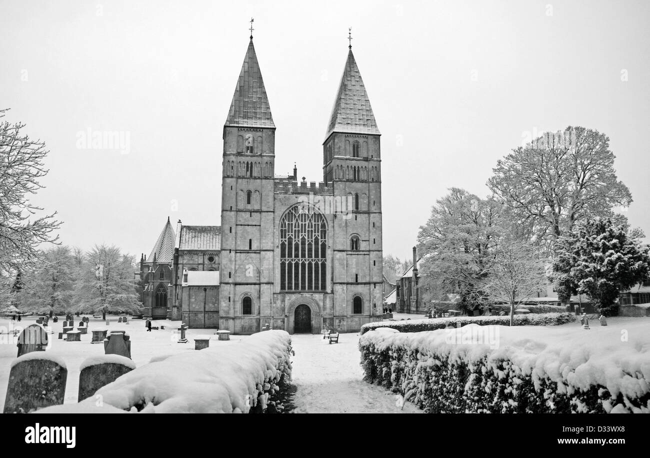 Monochrome of Southwell Minster in the snow, Nottinghamshire UK Stock ...