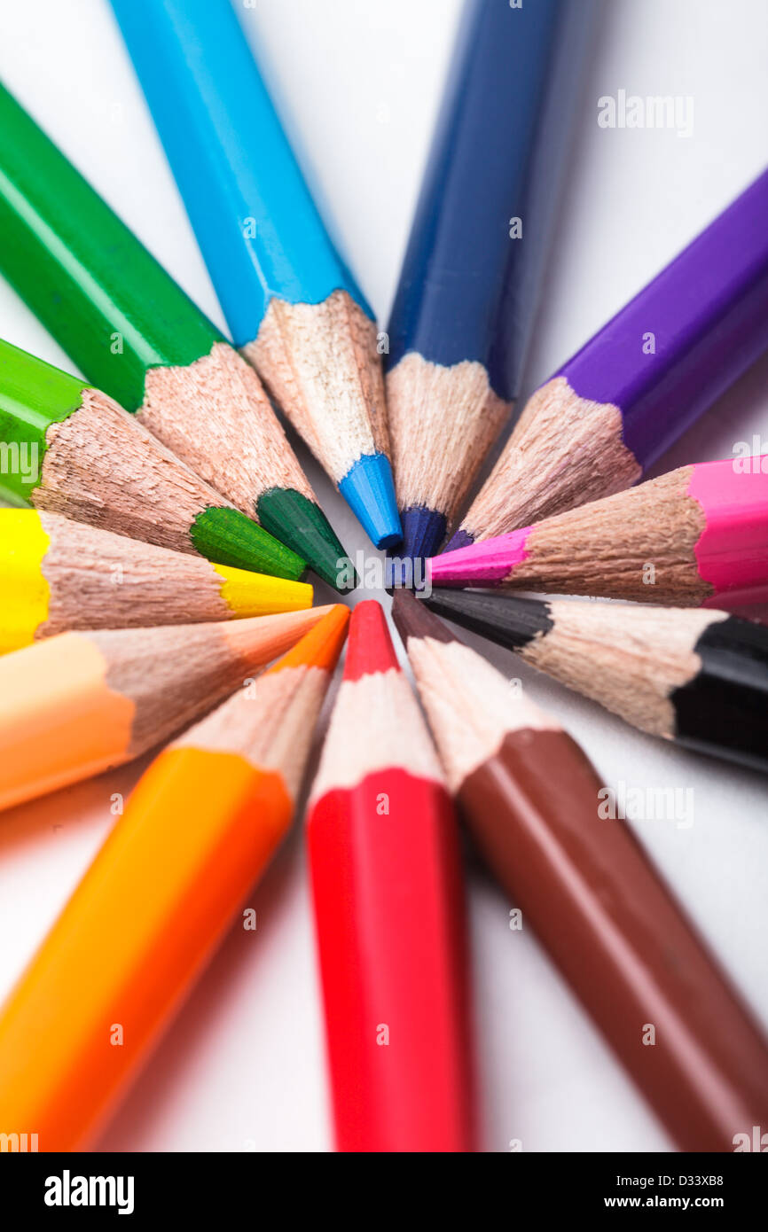 Rainbow color pencils set round isolated on white Stock Photo - Alamy