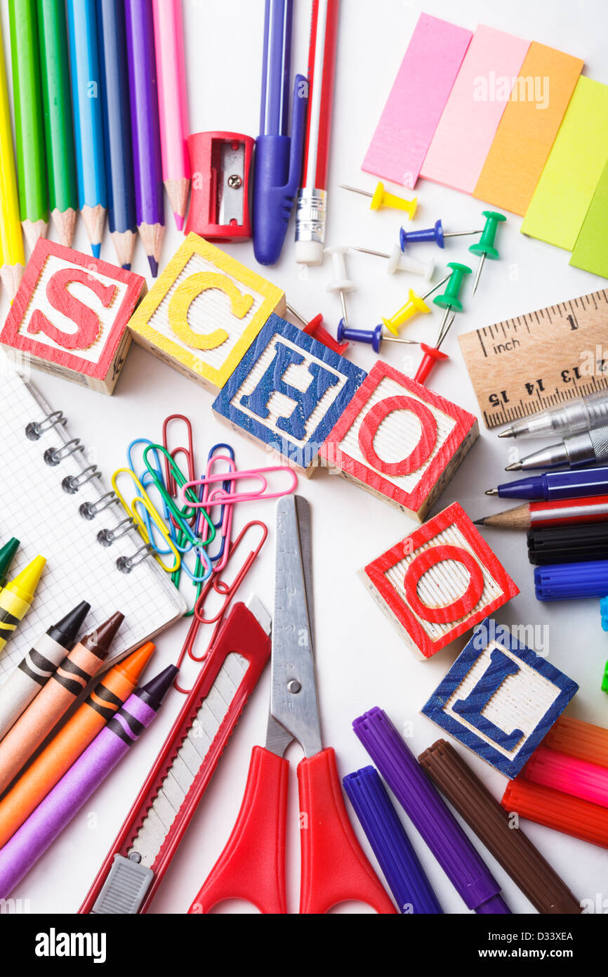 Primary school stationery on a white background Stock Photo - Alamy