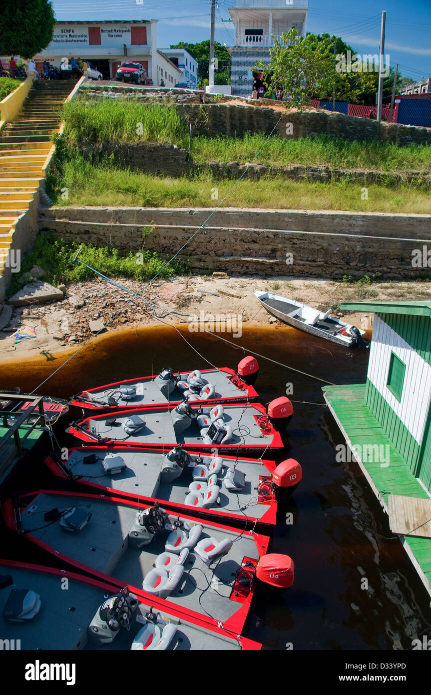 Modern bass boats are used by some Amazon River fishing outfitters that ...