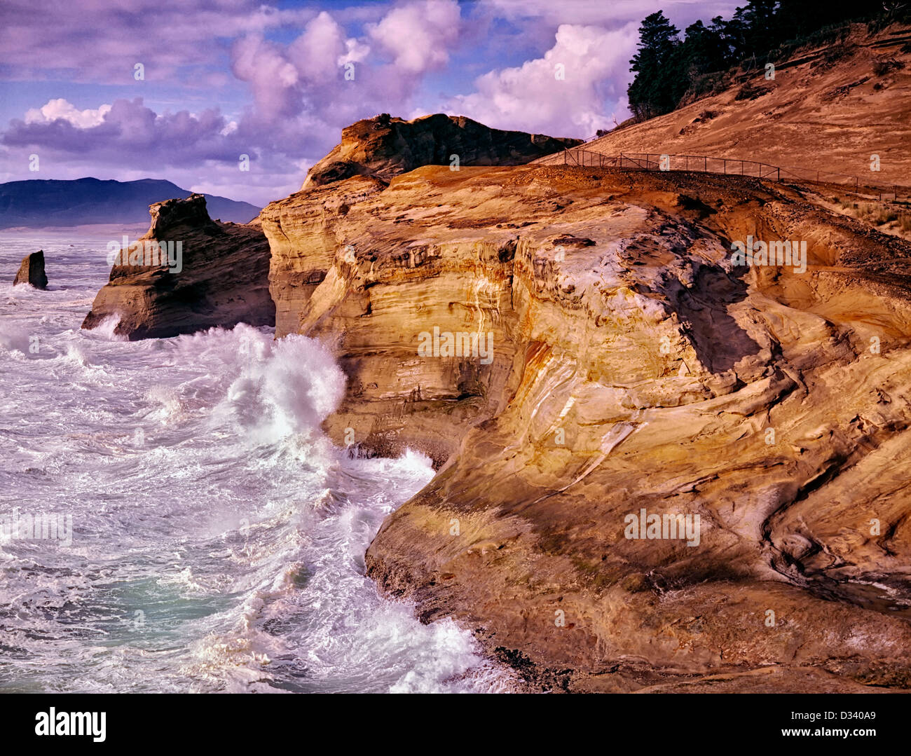 Cape Kiwanda with waves at sunset, Oregon Stock Photo - Alamy