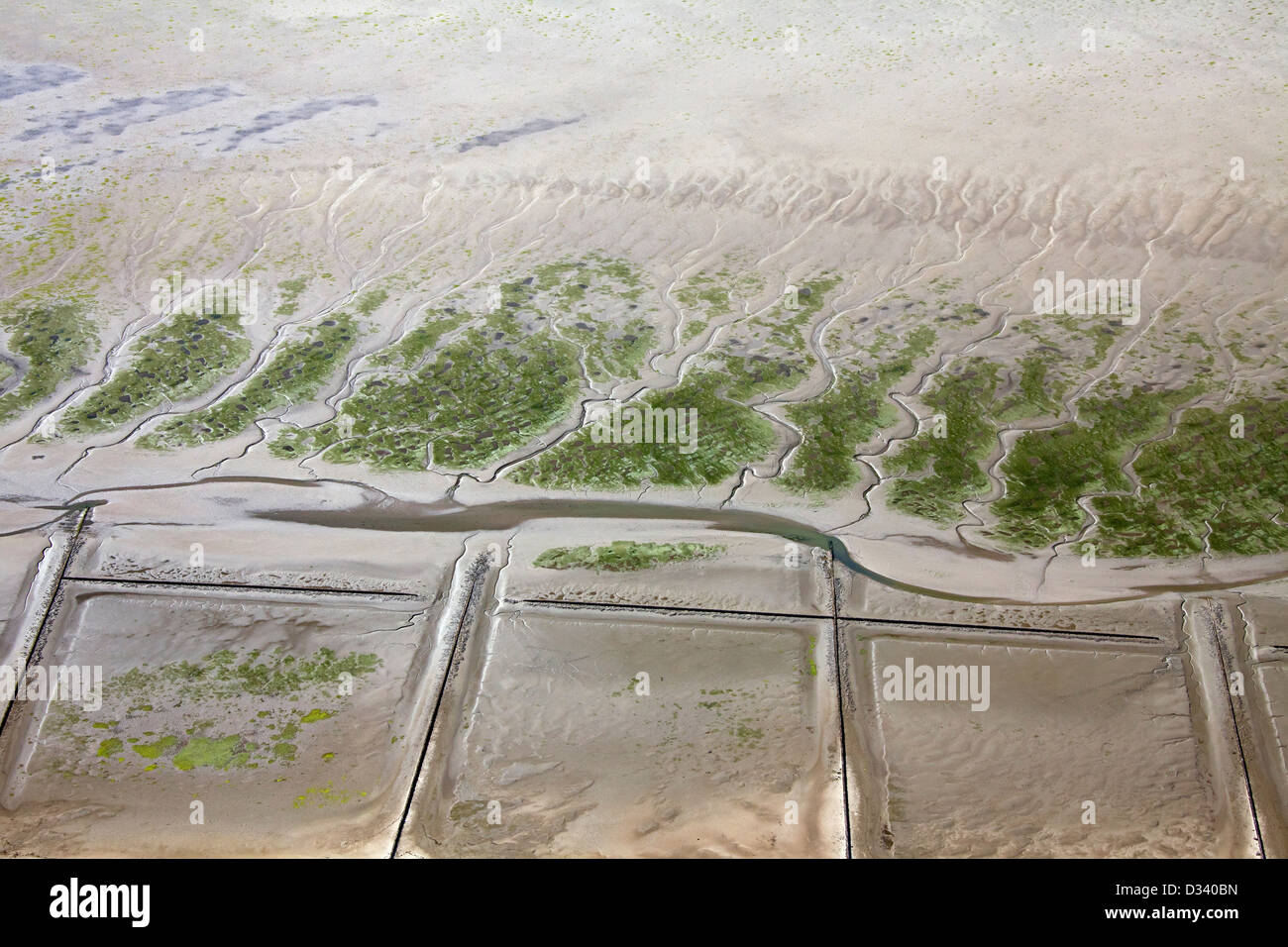 Aerial view over tidal mudflats of the Wadden Sea National Park, North ...