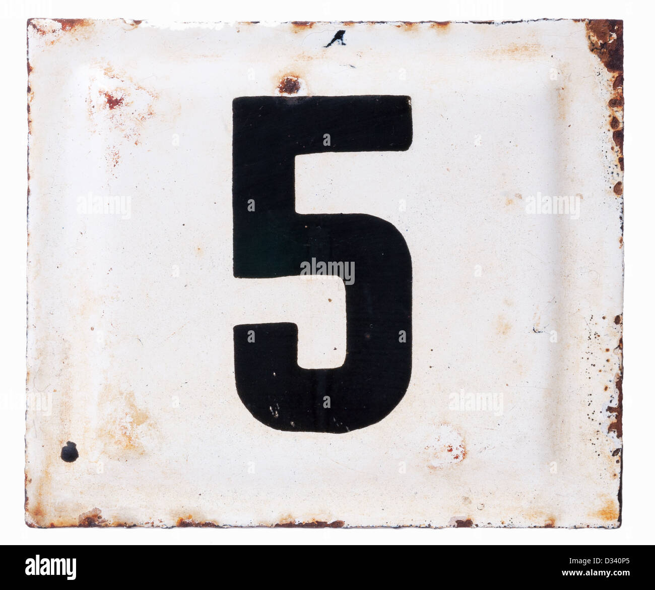 Old metal enamel plate with number five isolated Stock Photo - Alamy