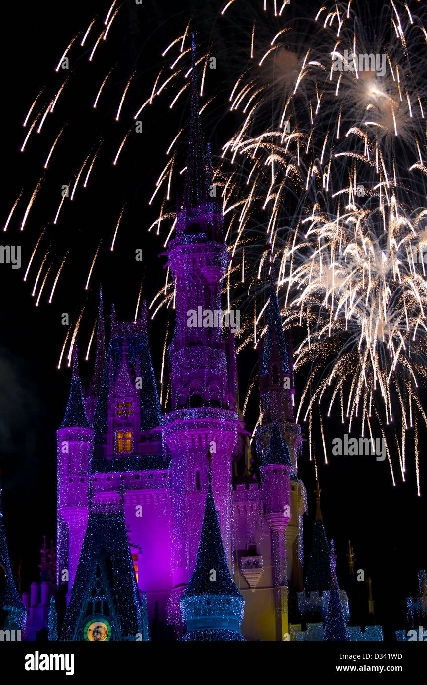 Disney World Castle At Night With Lights And Fireworks Stock Photo - Alamy