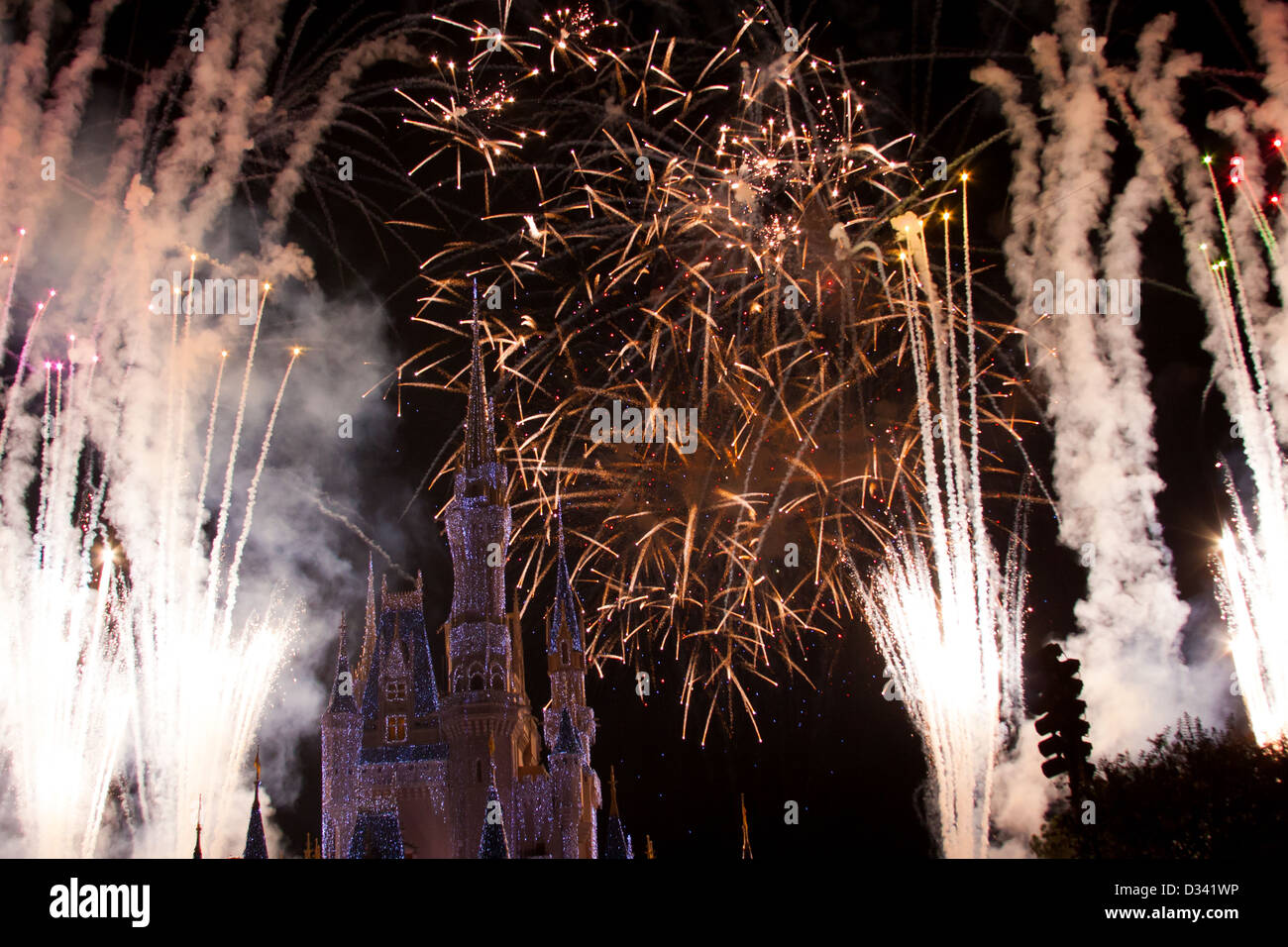 Disney World Castle At Night With Lights And Fireworks Stock Photo - Alamy