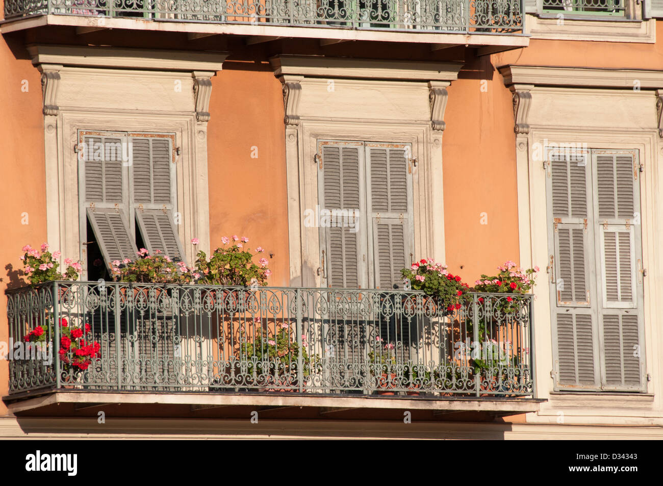 Balcony of building in the Old Port of seaside city of Nice Provence ...