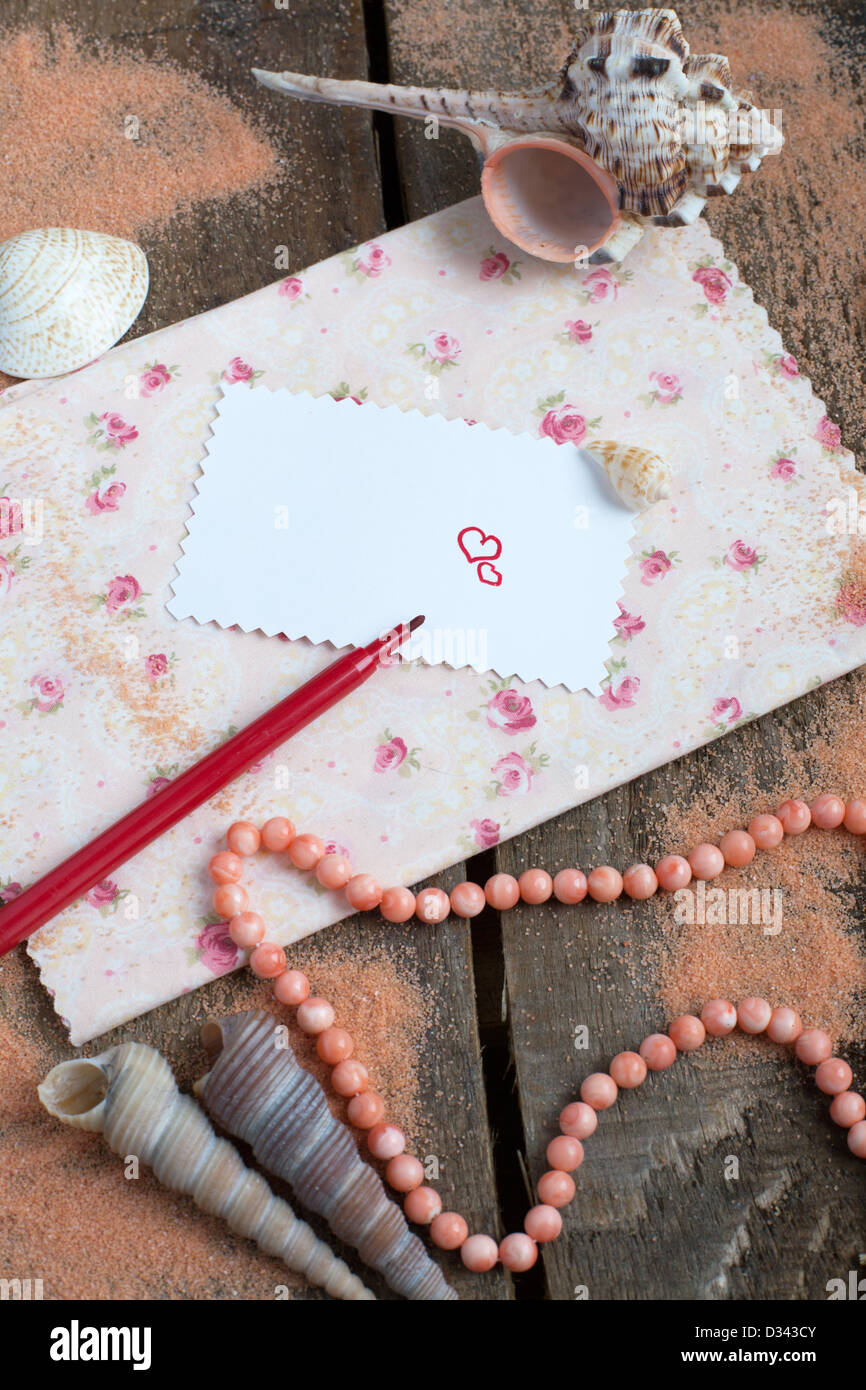 Saint Valentine's Love letter, shells and red felt pen in marine style ...