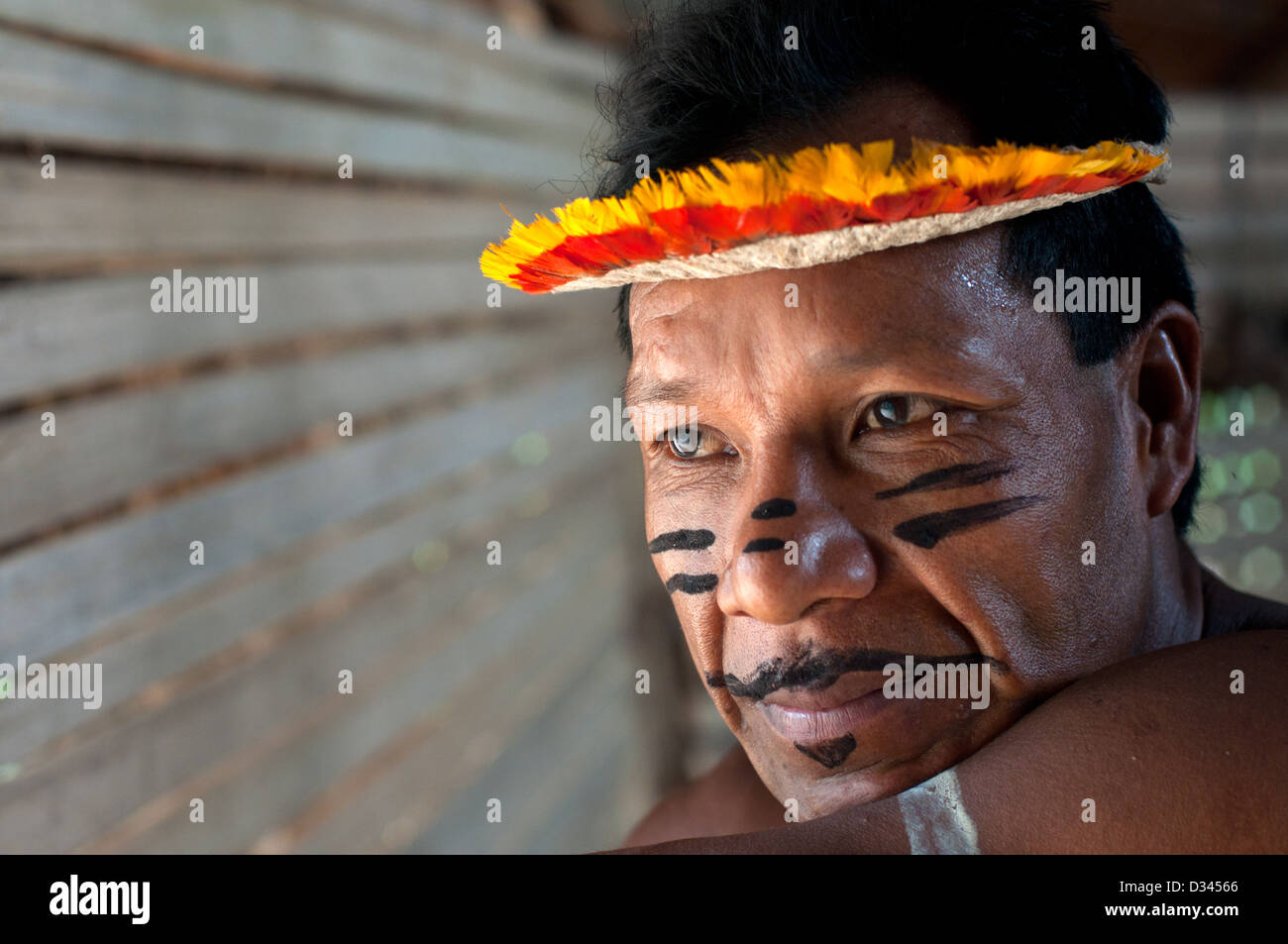 A Bora adult man with traditional headdress and body painting, Puca ...