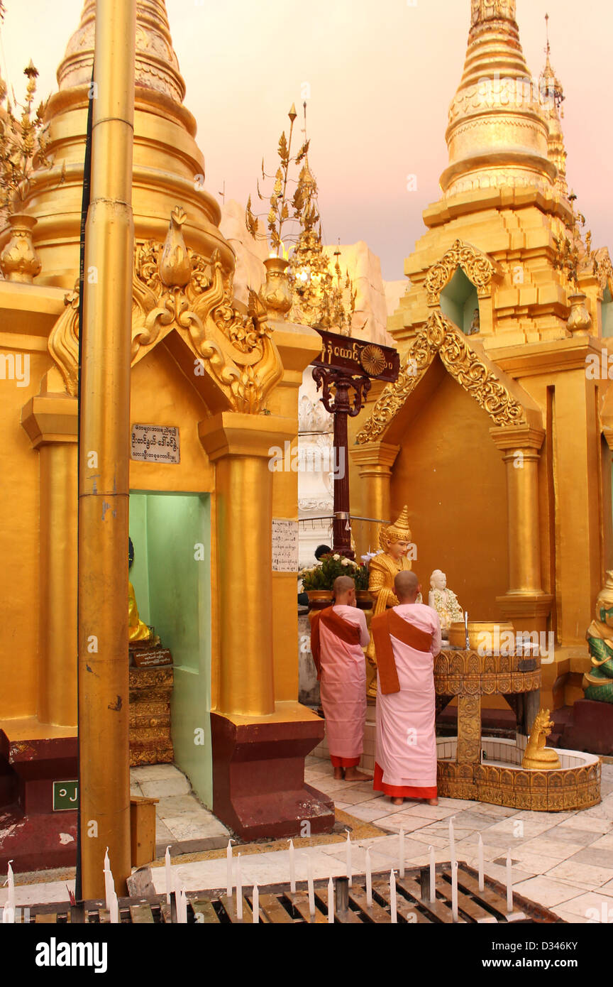 Young Burmese nuns perform Buddhist ritual at the Shwedagon Pagoda ...