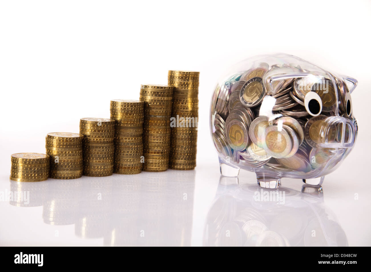 Pig bank and money coin Stock Photo - Alamy