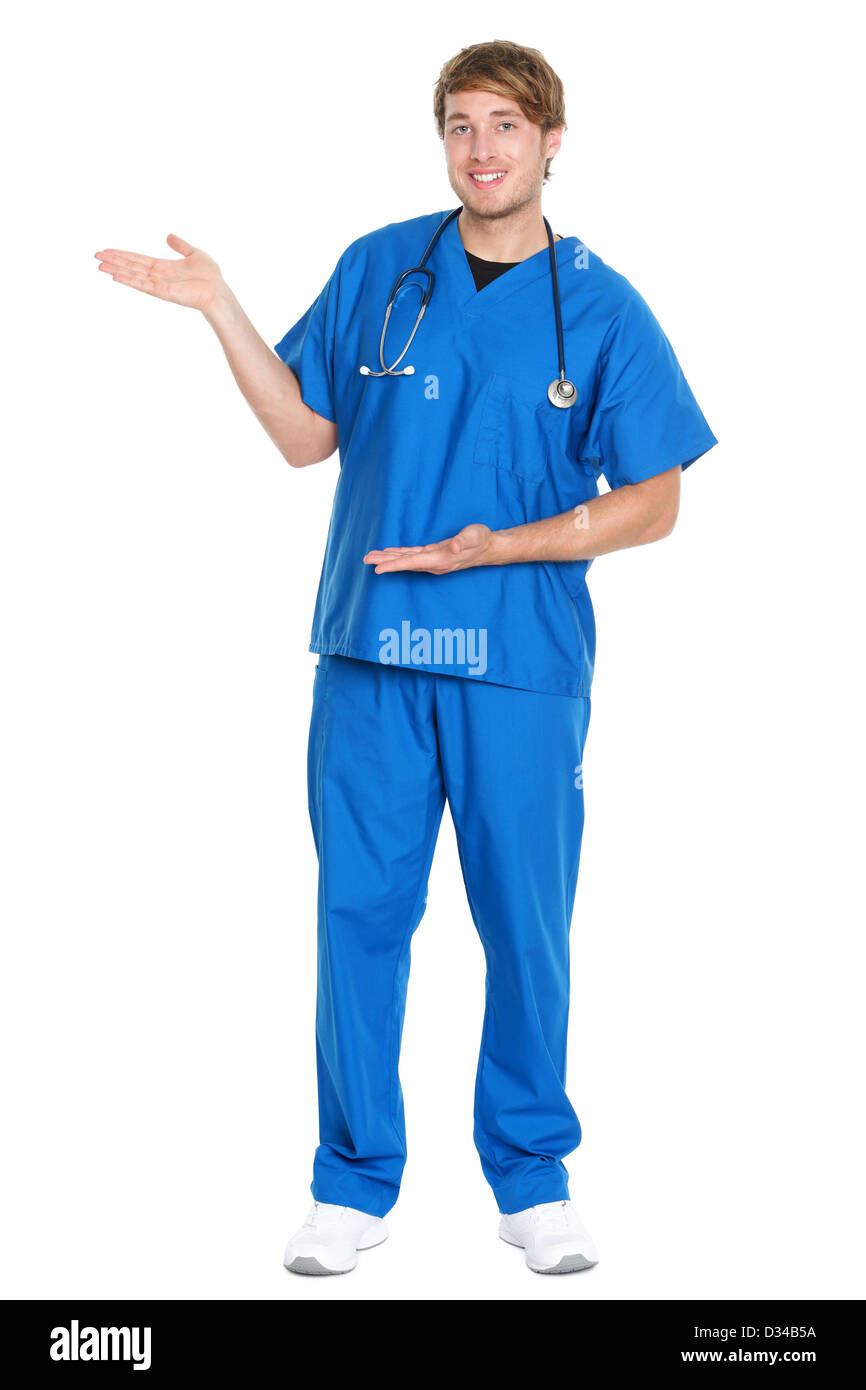 Full length of male doctor showing presenting copy space standing ...