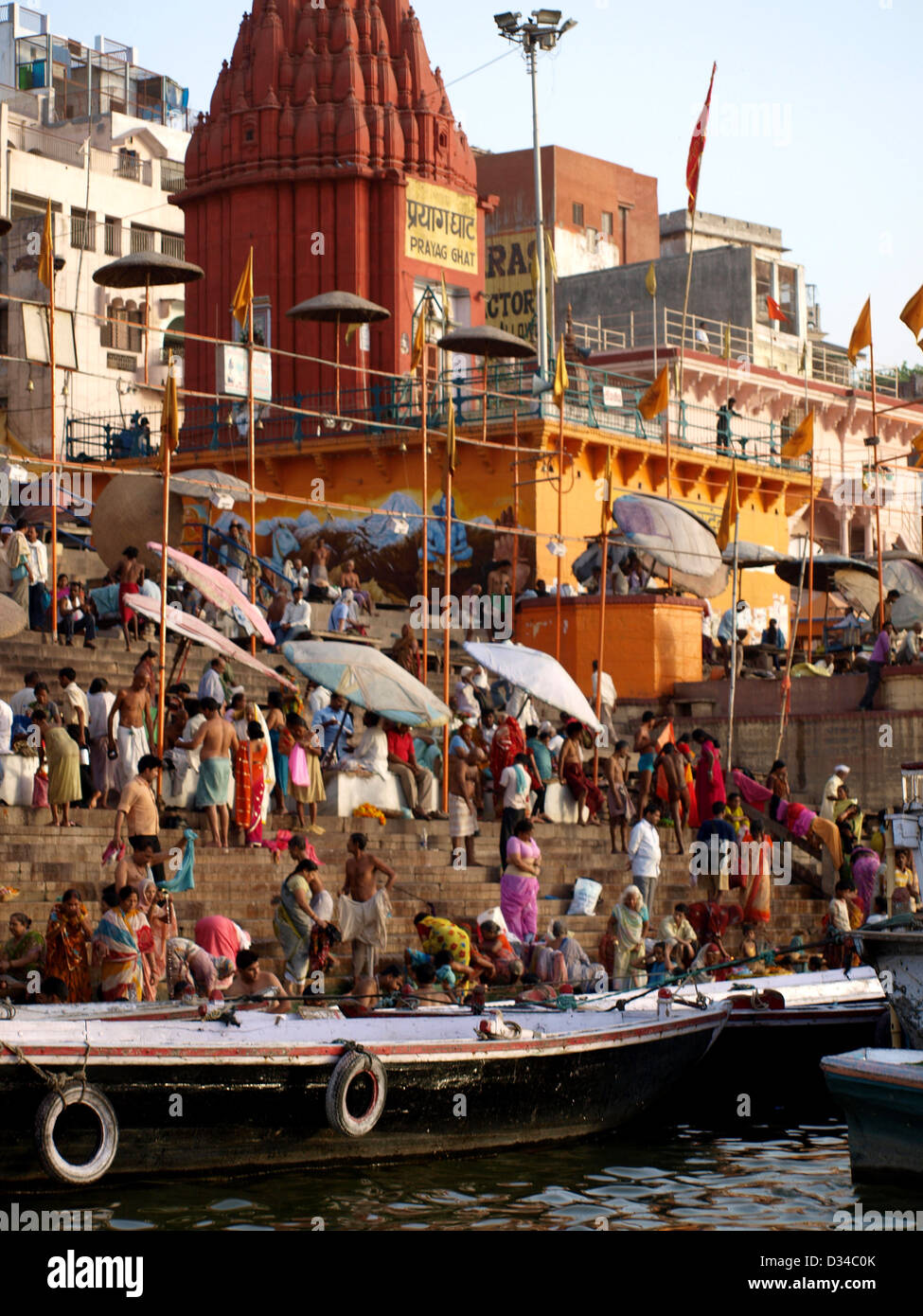 Indian Hindus on ghats at Varanasi, India, during morning puja Stock ...